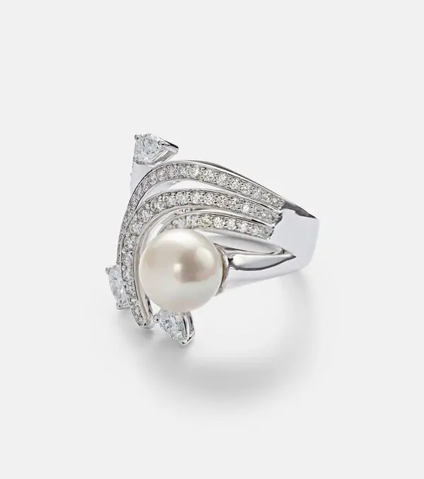Yeprem 18kt White Gold Ring With Diamonds And Pearl - Silver