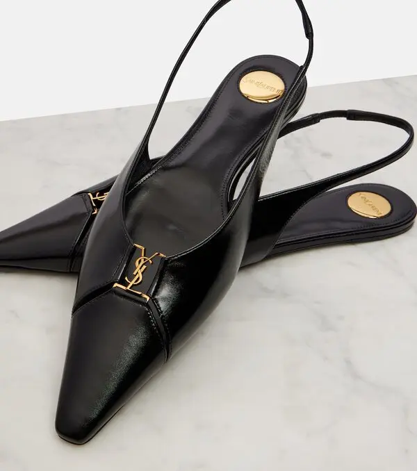 Saint Laurent Babylone Leather Slingback Flats - Black