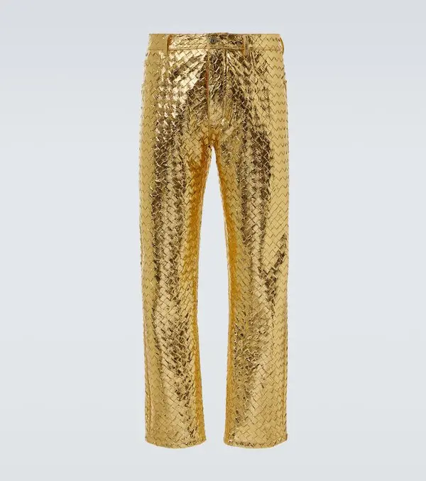 Bottega Veneta Intrecciato Metallic Leather Straight Pants - Gold