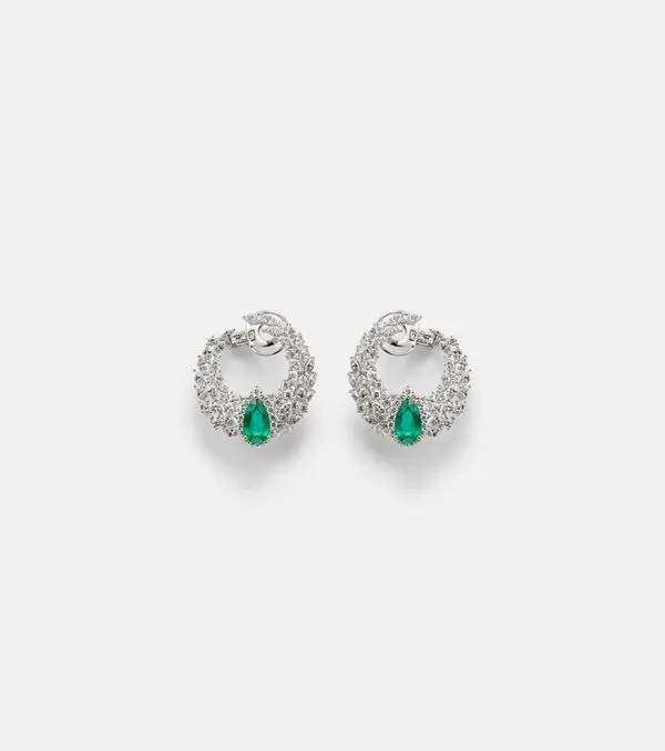 Yeprem Reign Supreme 18kt White Gold Hoop Earrings With Diamonds And Emeralds - Silver