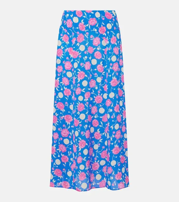 Rixo Carpi Floral Silk Midi Skirt - Blue