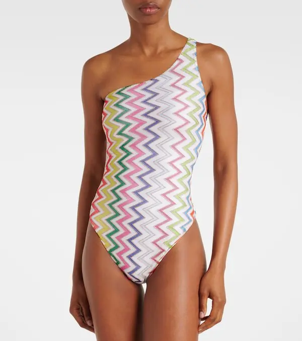 Missoni Zigzag One-shoulder Lame Swimsuit