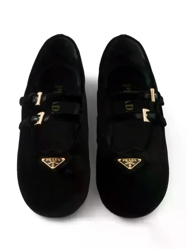 Prada Velvet Finish Ballet Flats With Buckle Fastening Straps - Black