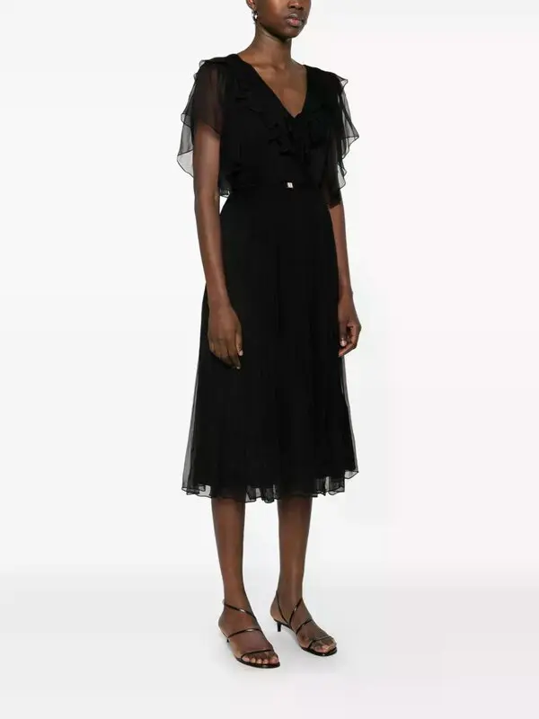 NISSA Floral-appliqué Silk Midi Dress - Black