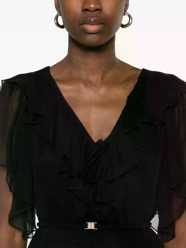 NISSA Floral-appliqué Silk Midi Dress - Black