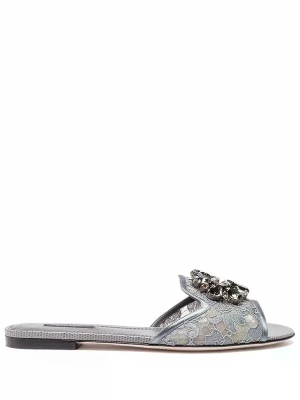 Dolce & Gabbana Bianca Crystal-embellished Lace Slides - Grey