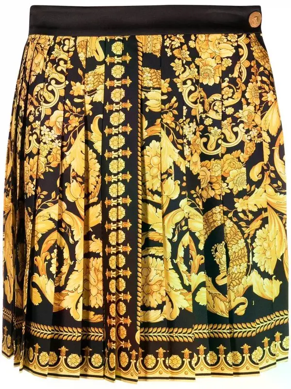 Versace Barocco Print Pleated Silk Skirt - Black