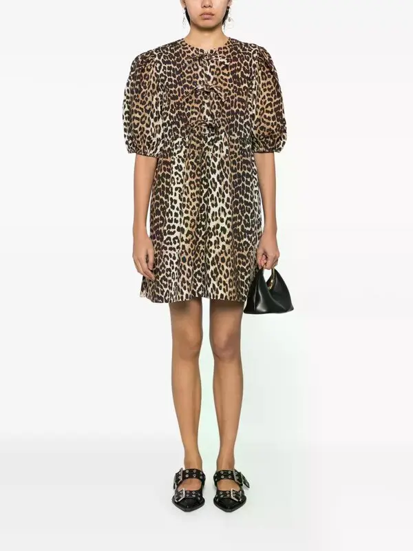 GANNI Leopard Print Cotton Mini Dress - Brown
