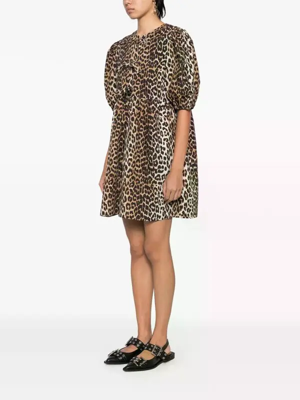 GANNI Leopard Print Cotton Mini Dress - Brown