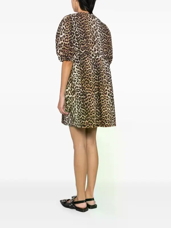 GANNI Leopard Print Cotton Mini Dress - Brown