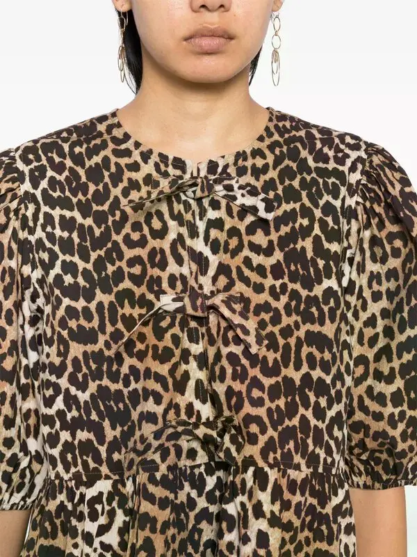 GANNI Leopard Print Cotton Mini Dress - Brown