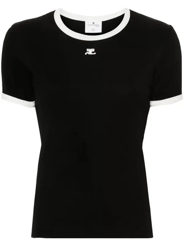 COURREGES Logo-patch Contrasting-trim T-shirt - Black