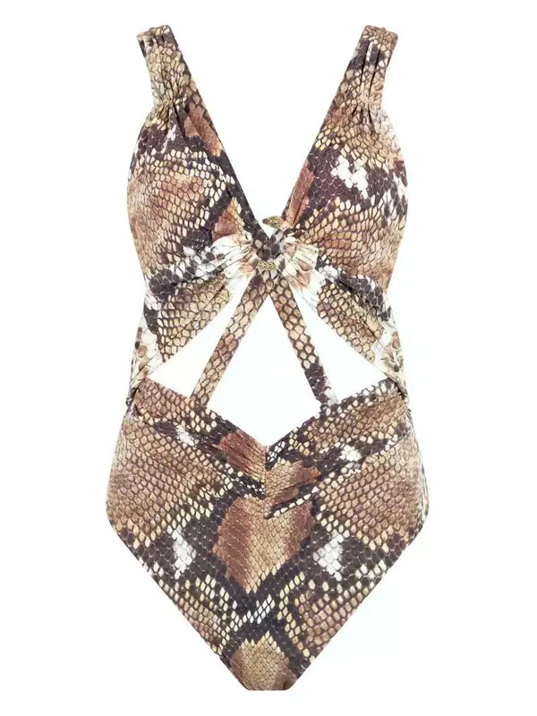 Roberto Cavalli Snake-print Cut-out One-piece Swimsuit - Brown