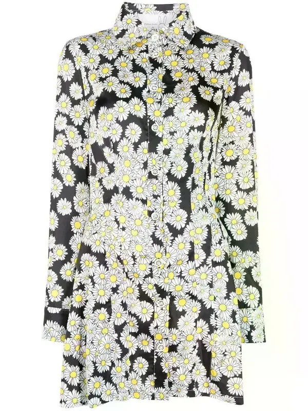 Natasha Zinko Daisy-print Pleated Shirt Dress - Black