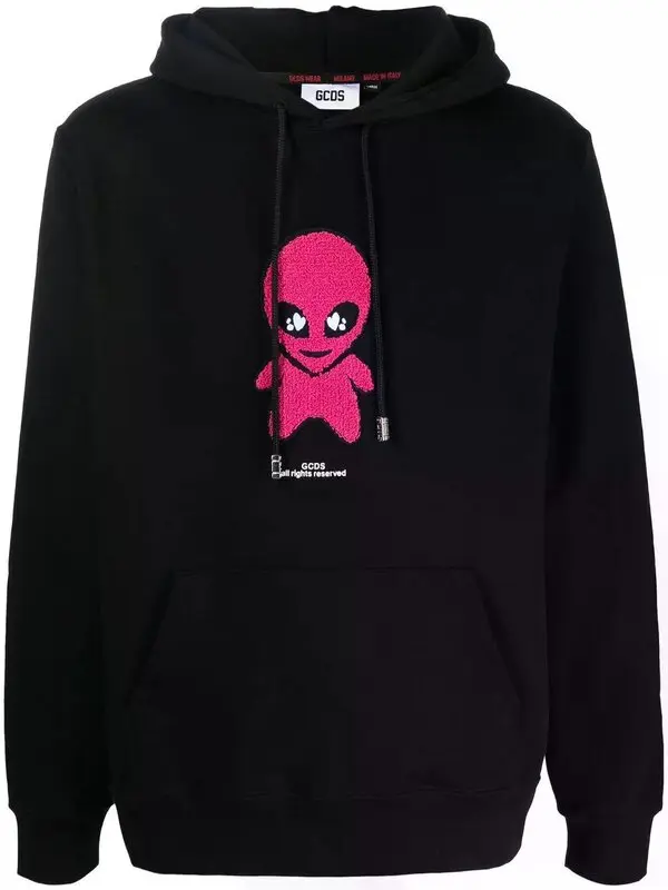 Gcds Cotton Alien-patch Drawstring Hoodie - Black