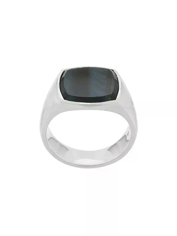 Tom Wood Cushion Signet Ring In Sterling With Blue Hawk Eye - Silver