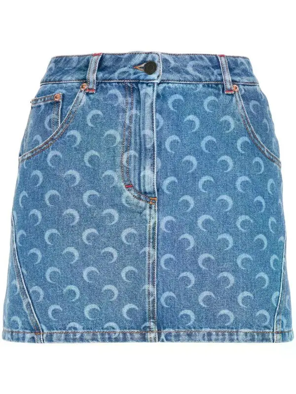 MARINE SERRE Crescent Moon Print Denim Mini Skirt