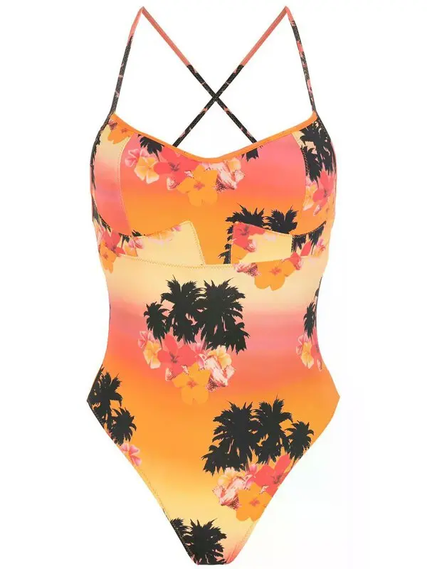 AMIR SLAMA Ilha De Hibiscus Print Swimsuit - Orange