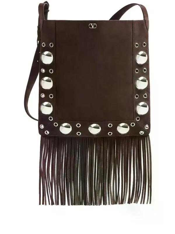 Valentino Garavani Nellcôte Suede Shoulder Bag With Studs And Fringe - Brown