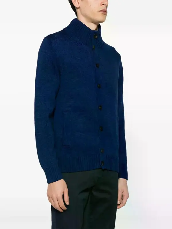 ZANONE Ribbed Cotton High Neck Cardigan - Blue