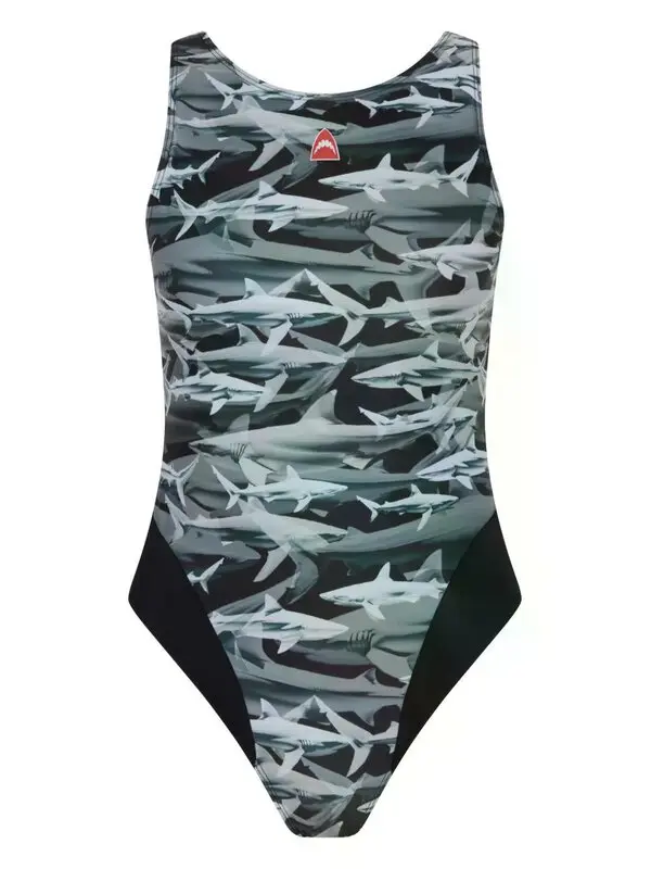LET'S SWIM Shark-print Open Back One-piece Swimsuit - Grey