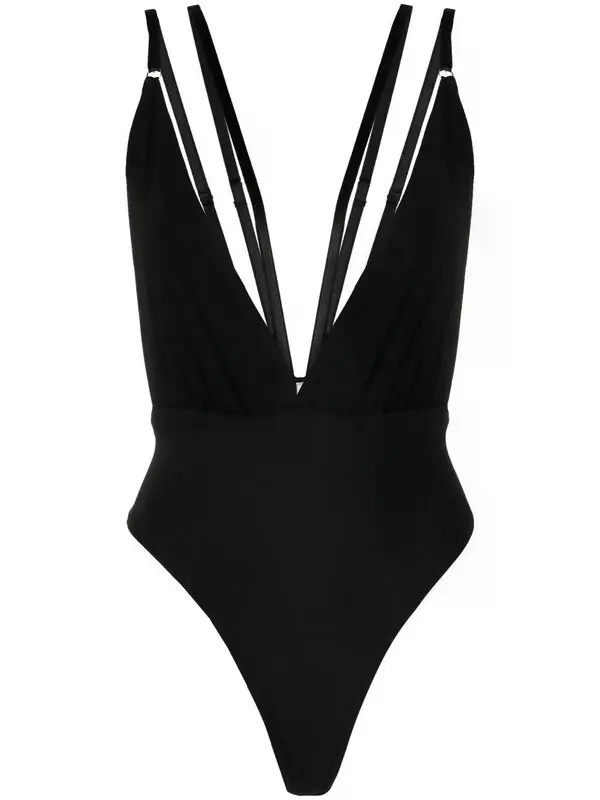 Alchemy Fashions Plunge V-neck Bodysuit With Strap Detailing - Black