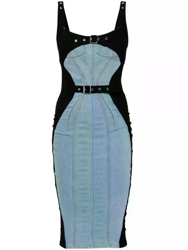 MUGLER Paneled Denim Midi Dress - Blue