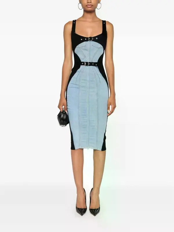 MUGLER Paneled Denim Midi Dress - Blue