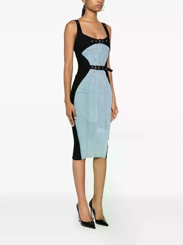 MUGLER Paneled Denim Midi Dress - Blue