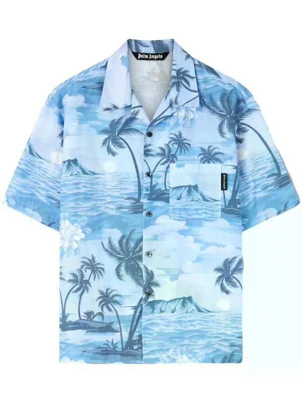 Palm Angels Sunset-print Linen-blend Shirt - Blue