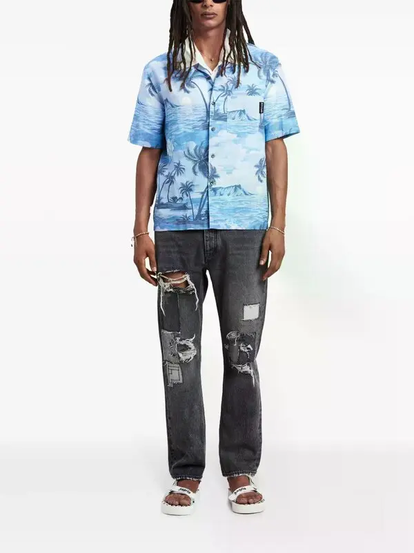 Palm Angels Sunset-print Linen-blend Shirt - Blue