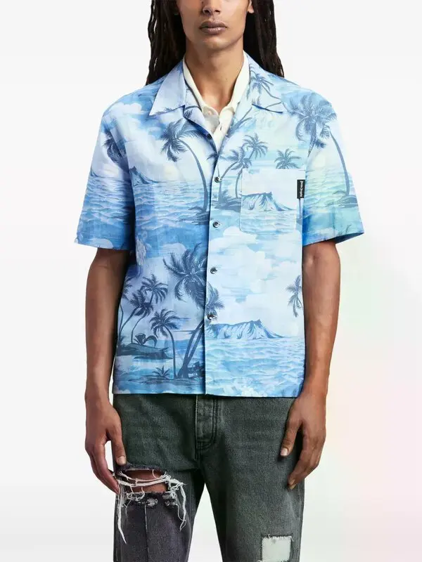 Palm Angels Sunset-print Linen-blend Shirt - Blue