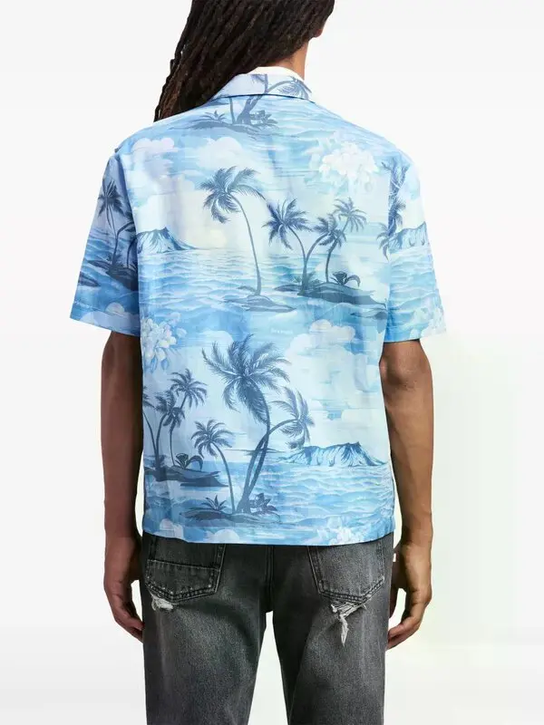 Palm Angels Sunset-print Linen-blend Shirt - Blue