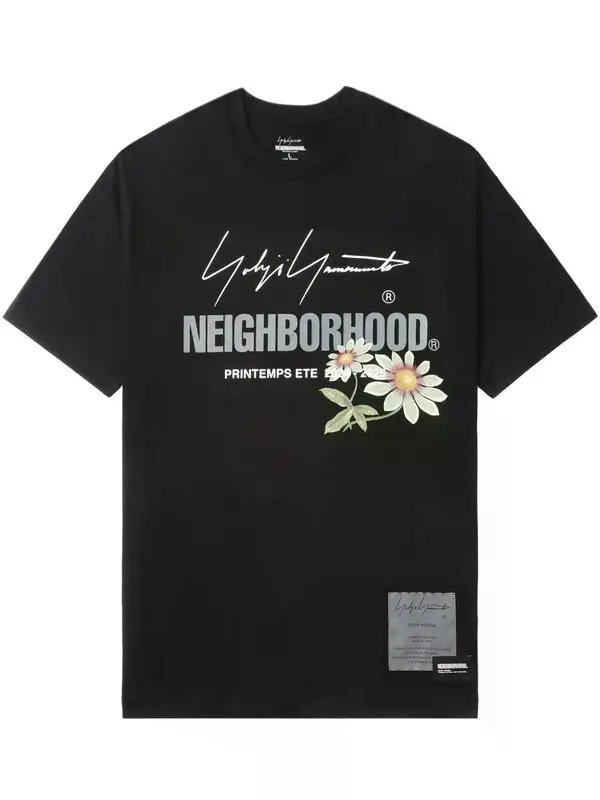 Yohji Yamamoto X Neighborhood Floral-print Logo-patch T-shirt - Black