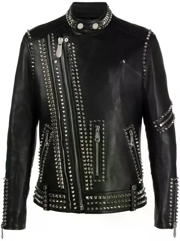 Philipp Plein Rockstud Embellished Leather Biker Jacket