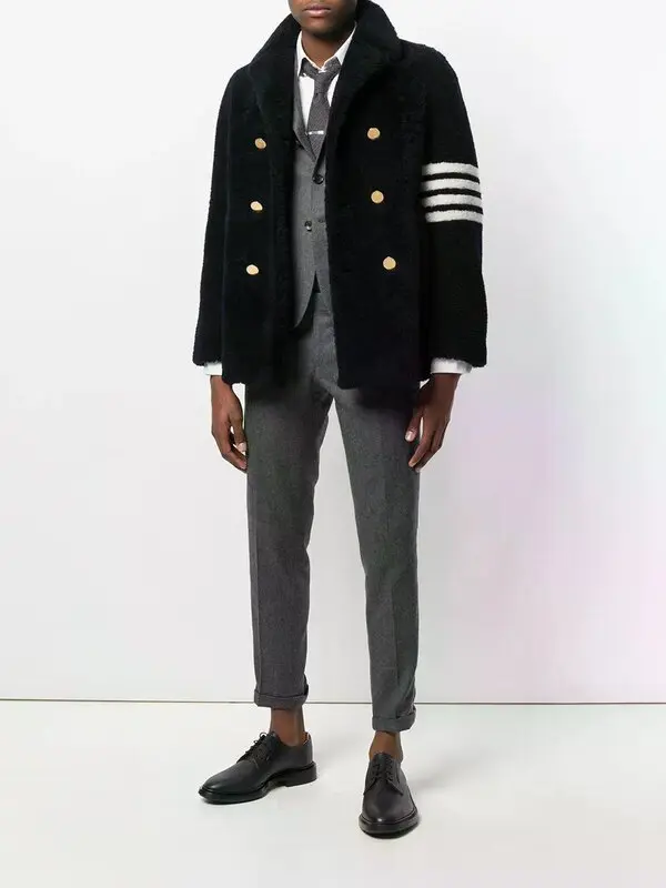 Thom Browne Unconstructed Classic Shearling Pea Coat - Blue