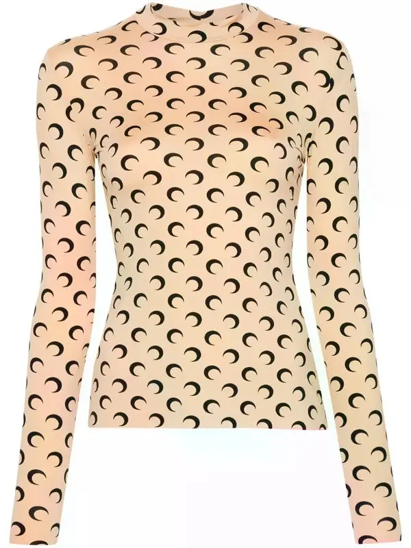 MARINE SERRE Crescent Moon Print Mock Neck Long Sleeve Top