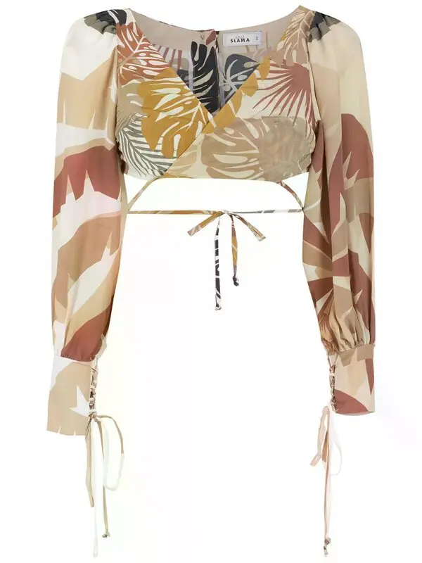AMIR SLAMA Tropical Print Cropped Wrap Blouse - Neutrals