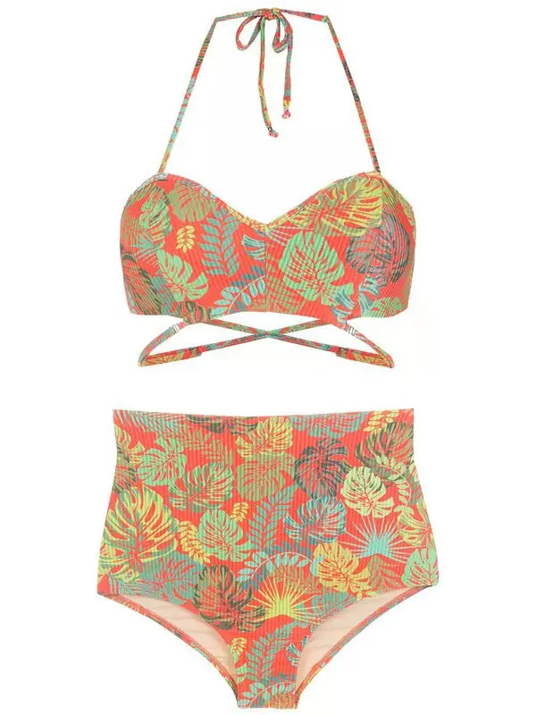 AMIR SLAMA Palm Leaf Print High-rise Bikini - Red