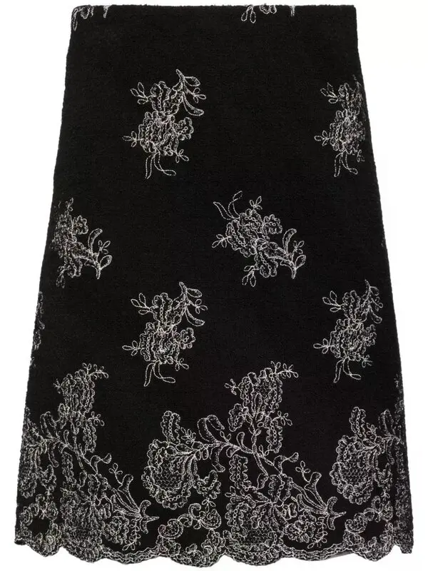 Giambattista Valli Floral-embroidered Tweed Skirt - Black
