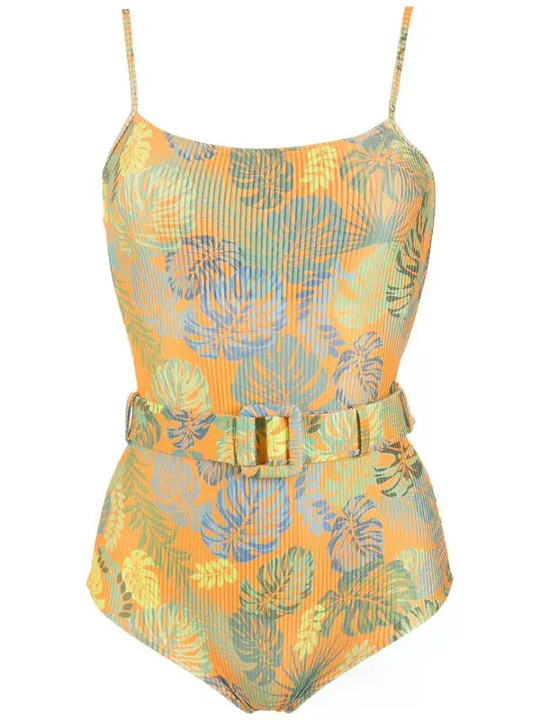 AMIR SLAMA Palm Leaf Print Belted Swimsuit - Orange