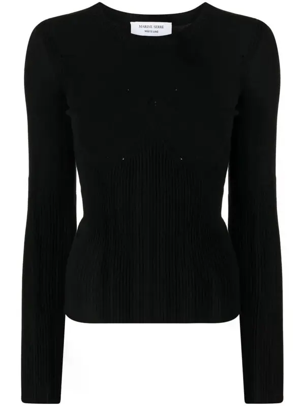 MARINE SERRE Ribbed Knit Long Sleeve Top With Crescent Moon Motif