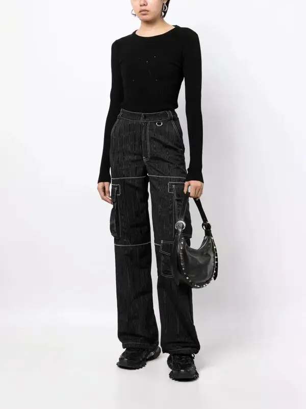 MARINE SERRE Ribbed Knit Long Sleeve Top With Crescent Moon Motif