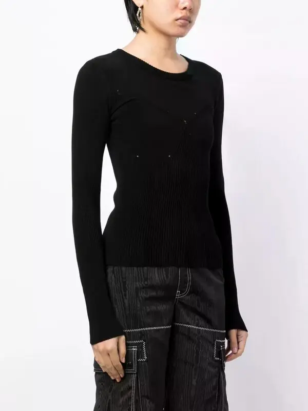 MARINE SERRE Ribbed Knit Long Sleeve Top With Crescent Moon Motif