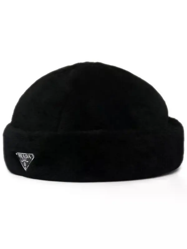 Prada Shearling Hat With Triangle Logo - Black