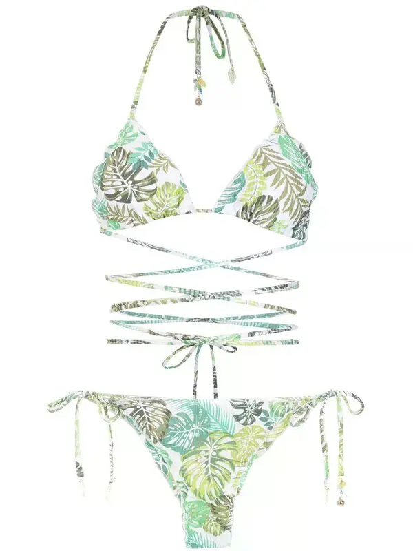 AMIR SLAMA Palm Leaf Print Bikini - Green