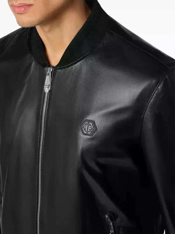 Philipp Plein Leather Bomber Jacket - Black