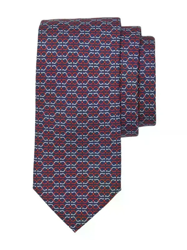 FERRAGAMO Pure Silk Gancini Motif Neck Tie - Blue