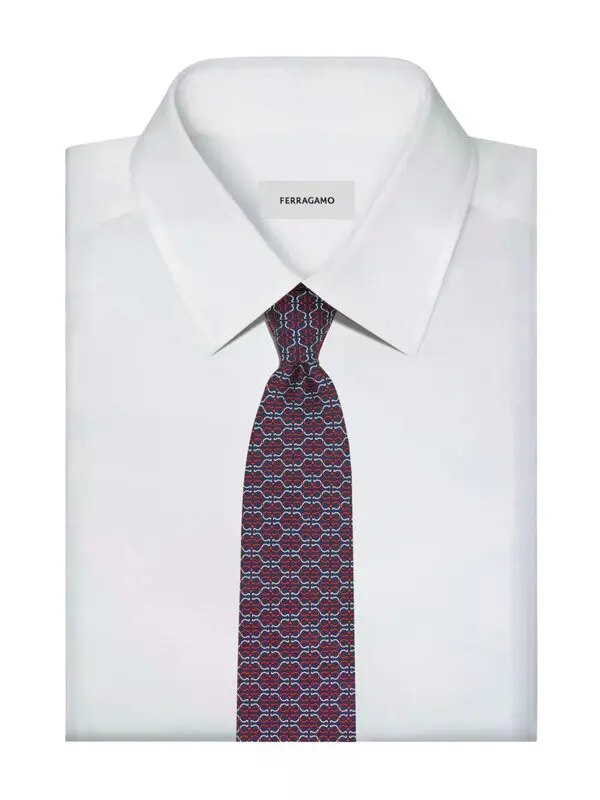 FERRAGAMO Pure Silk Gancini Motif Neck Tie - Blue