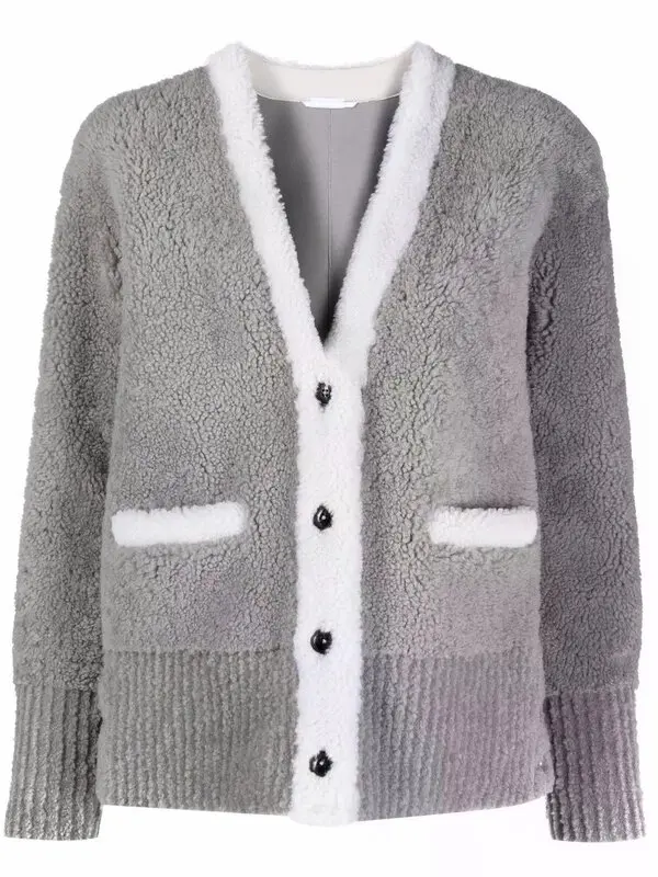 Thom Browne V-neck Contrast-trim Shearling Cardigan Jacket - Grey